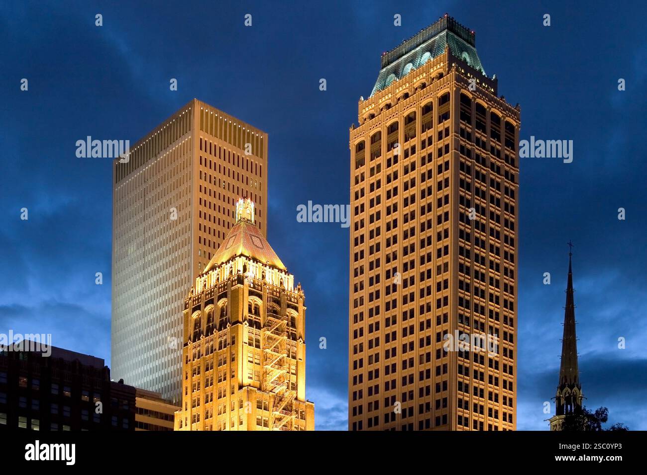 Blue hour evening view of the towers of downtown Tulsa, Oklahoma with ...