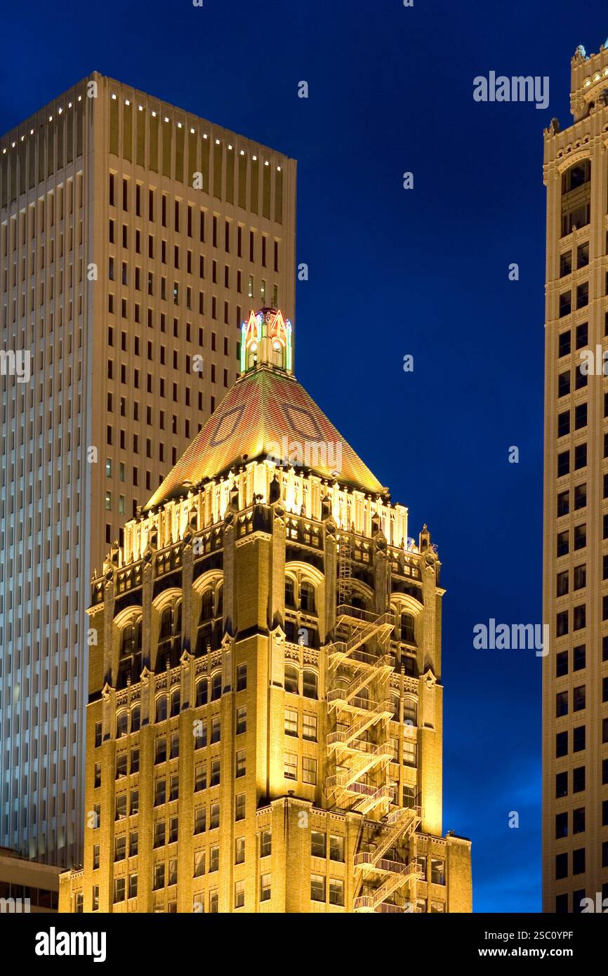 Blue hour vertical view of downtown Tulsa towers at dusk Stock Photo ...