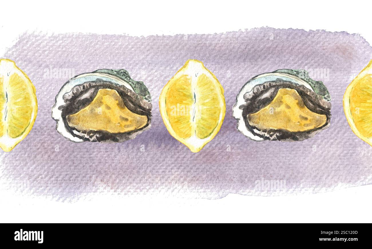 Abalone in a shell and lemon watercolor seamless border on purple ...