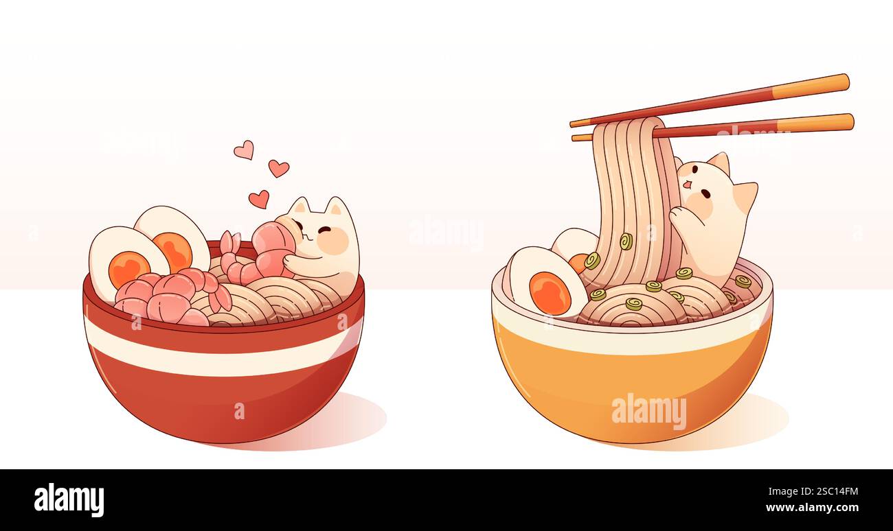 Cute cats eating ramen noodles set isolated on white. Contemporary ...