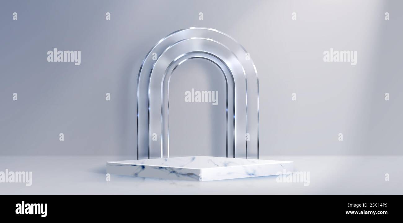 Marble podium with glass arch elements on light background. Grey square ...