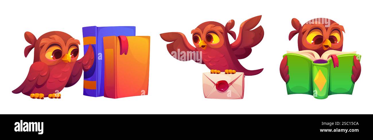 Cute owl mascot set with books, envelope and reading positions - brown ...