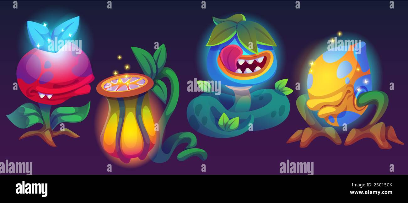 Night monster plants set isolated on background. Vector cartoon ...