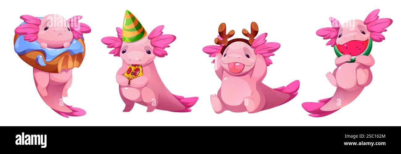 Cute pink axolotl character set with tasty treats - with glazed donut ...