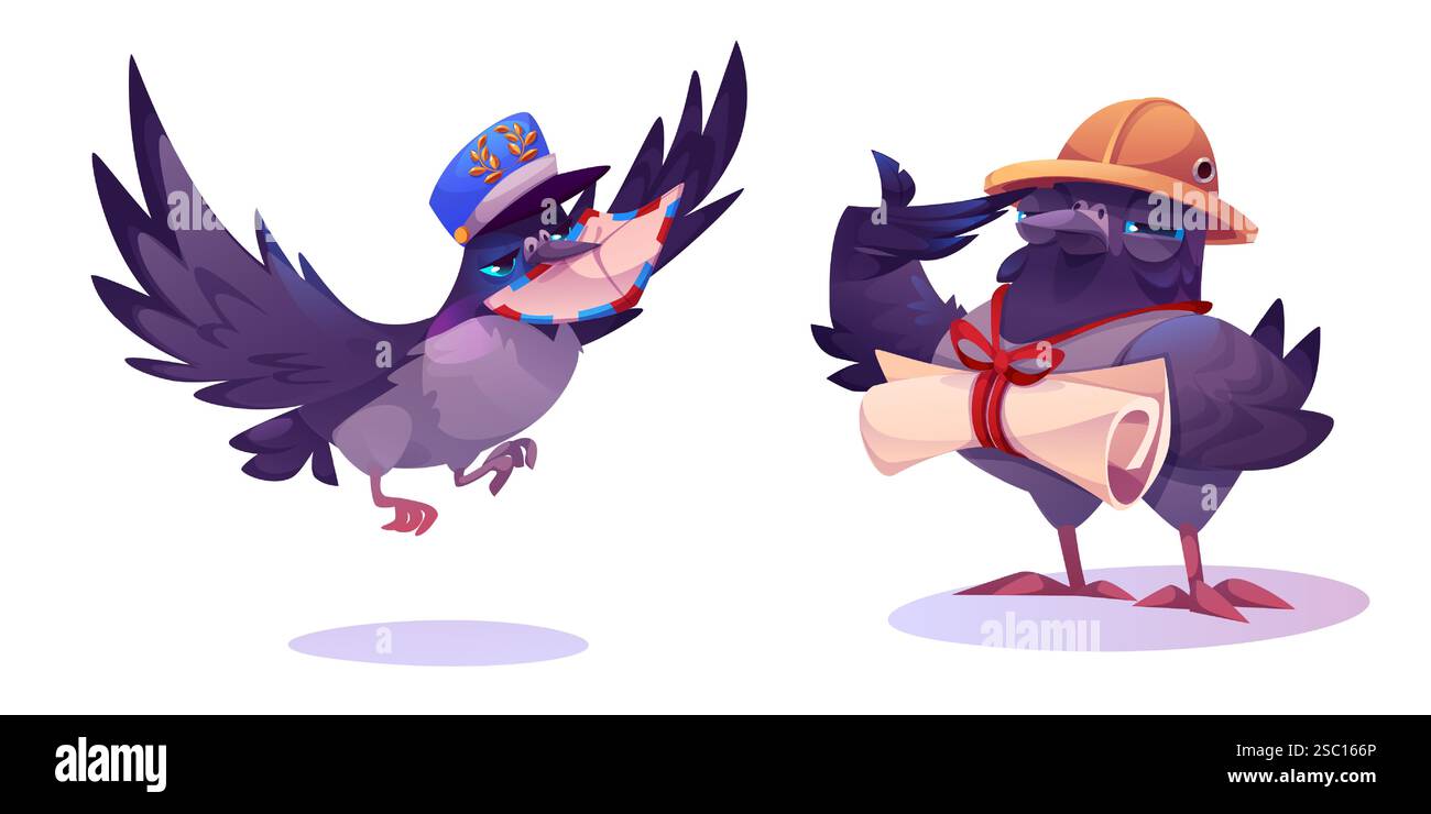 Grey mail carrier pigeon characters - flying with blue mailman cap ...