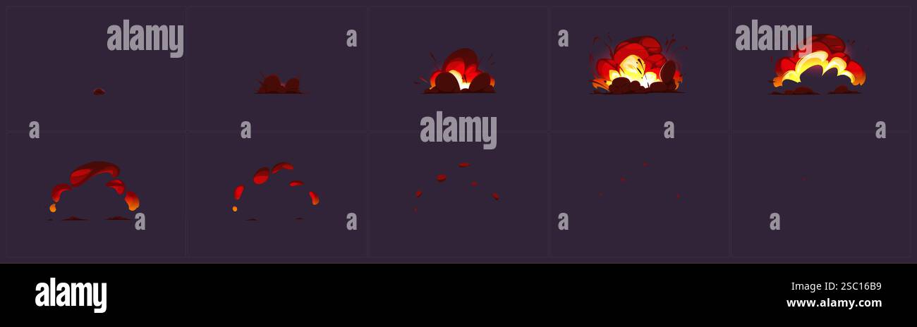 Game explosion animation sequence - bright flame frames in red and ...