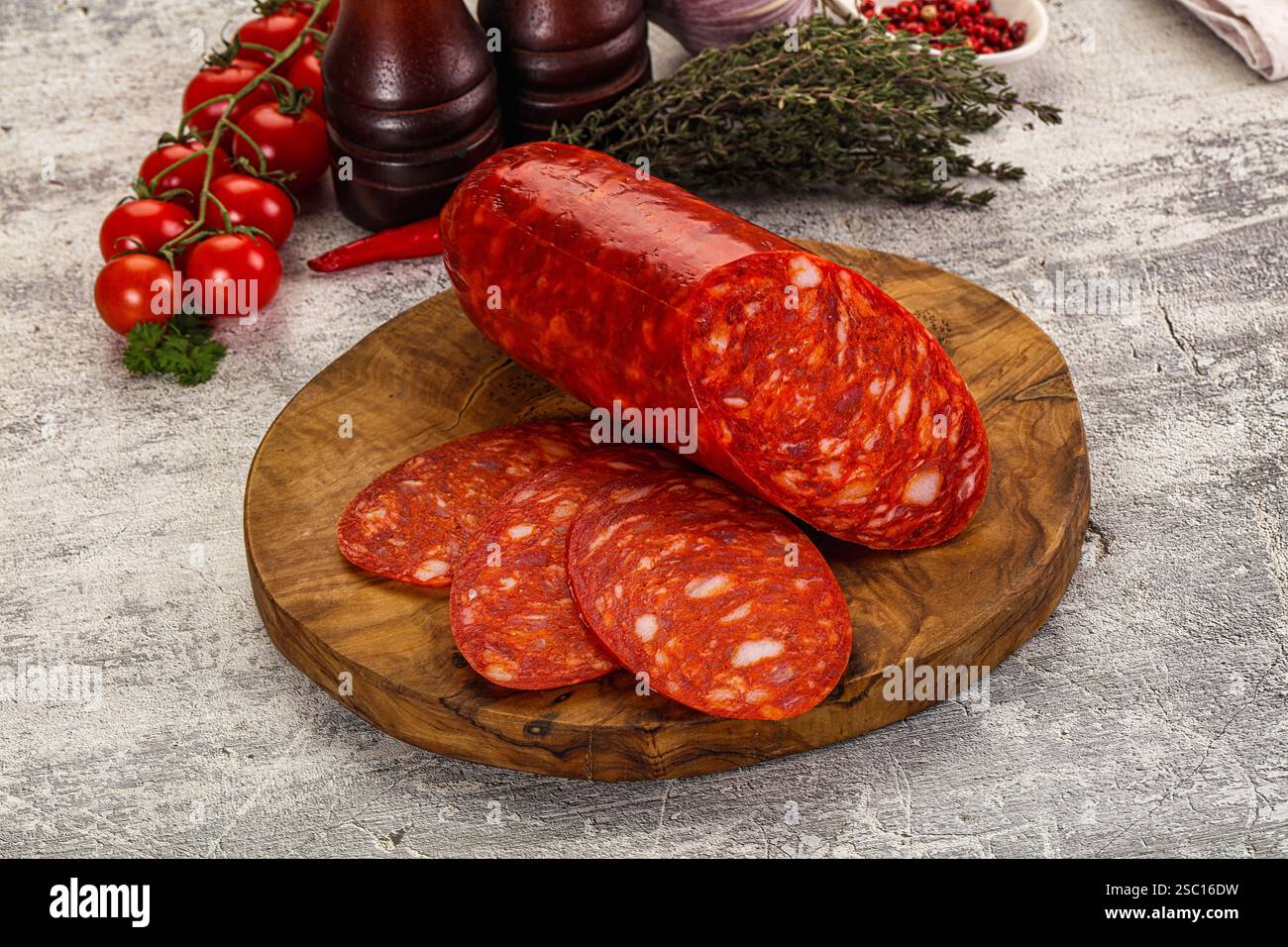 Tasty Italian Chorizo sausage with slices Stock Photo - Alamy
