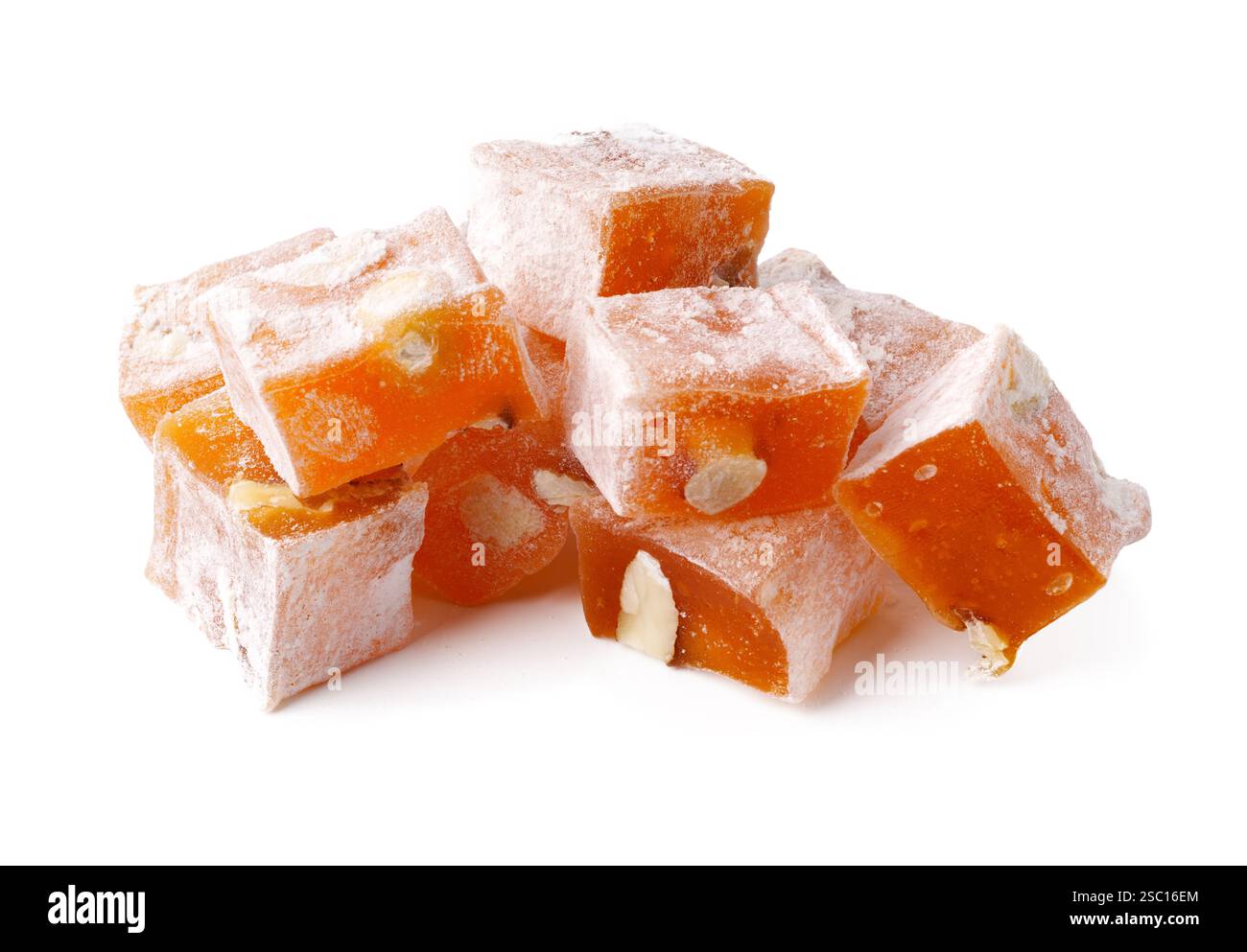 Turkish delight cubes coated with powdered sugar arranged on a white ...