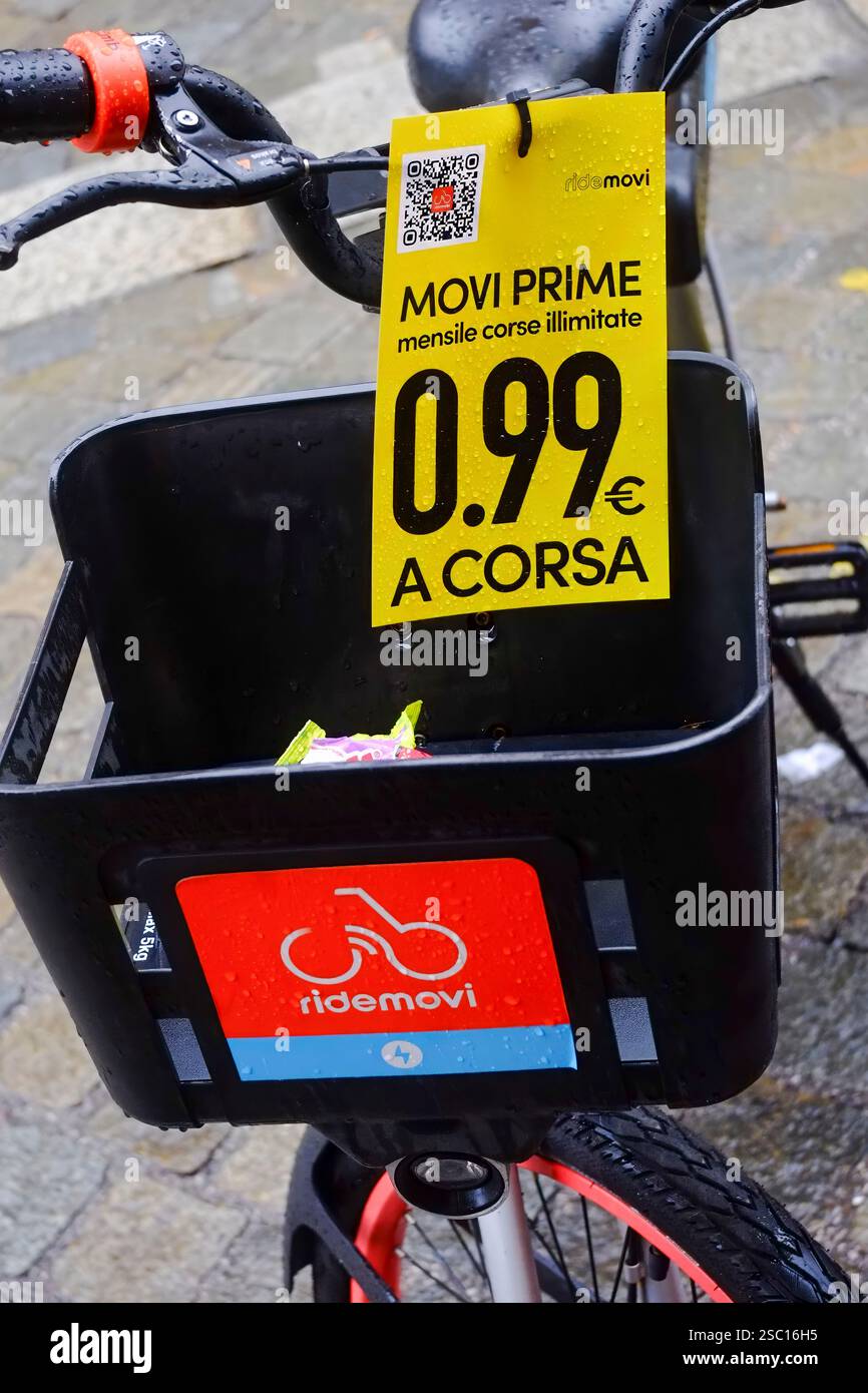 Cremona, Italy - January 30th 2025 Close-up of a bicycle's front basket ...