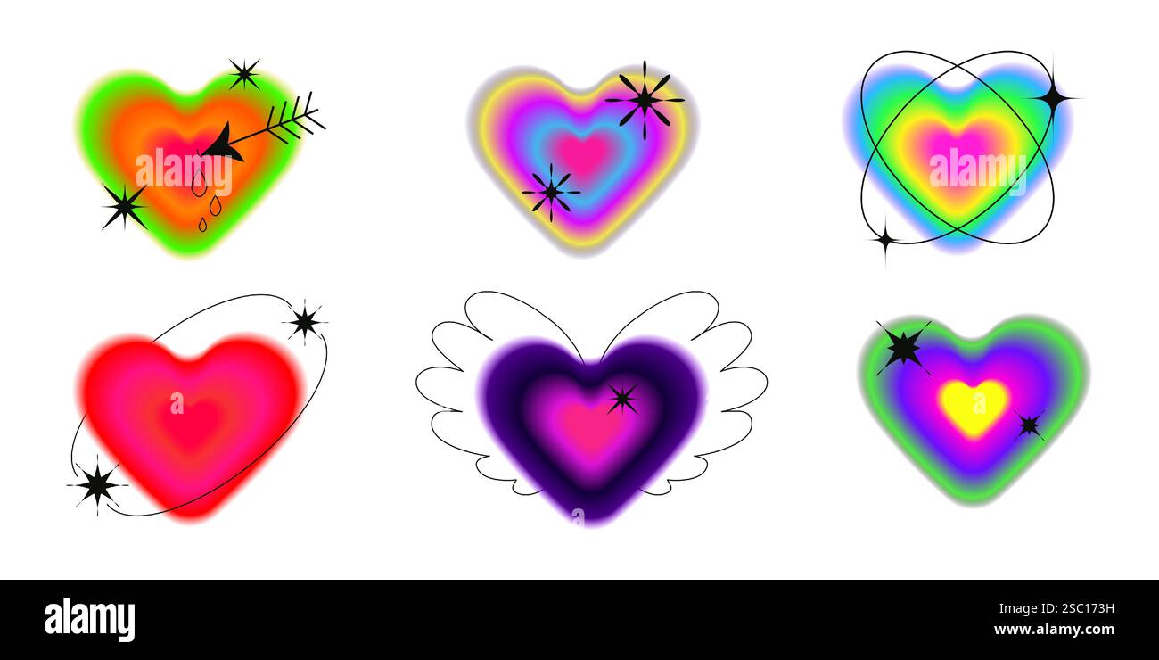 Set of six colorful neon gradient hearts with glowing effects, sparkles ...
