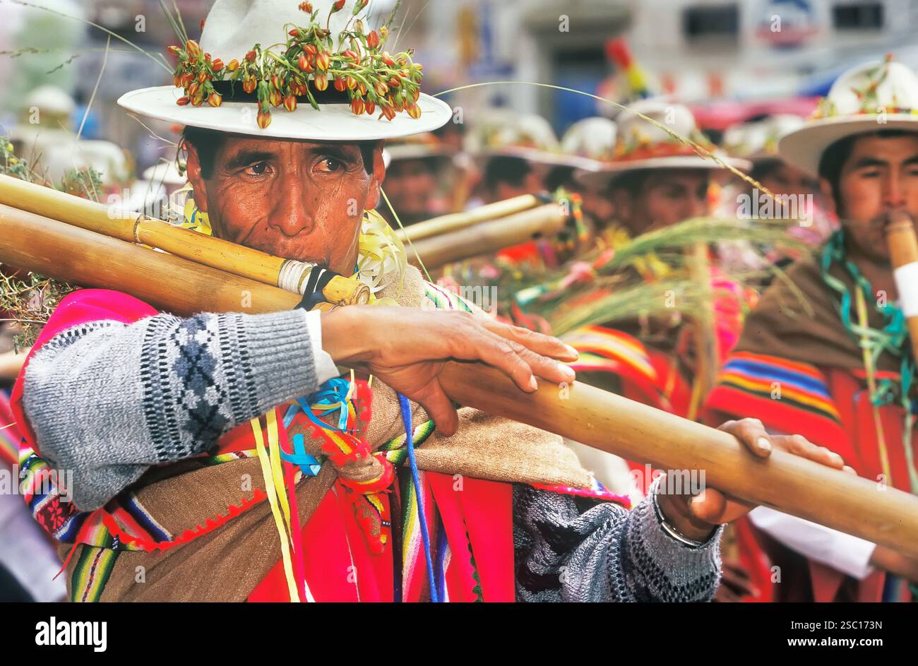 Musicians playing the flute, Oruro Carnival, Oruro, Bolivia, South ...
