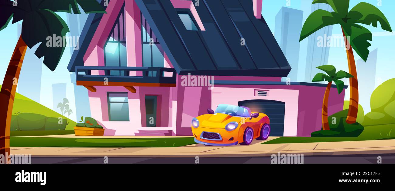 Cartoon pink house with garage and bright yellow sports car on driveway ...