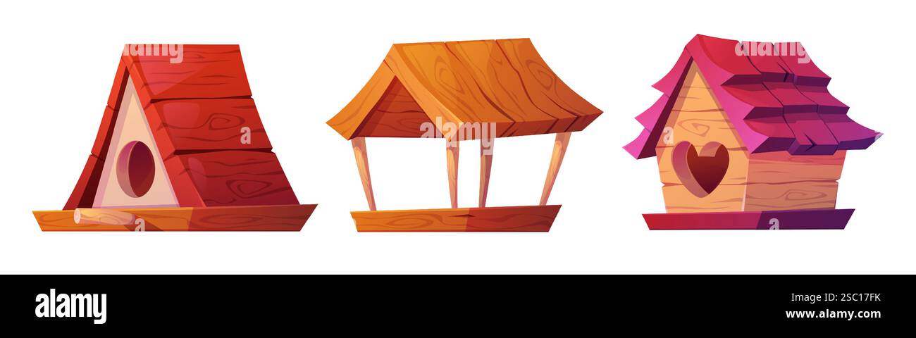 Cartoon birdhouse collection - wooden shelters with heart and round ...