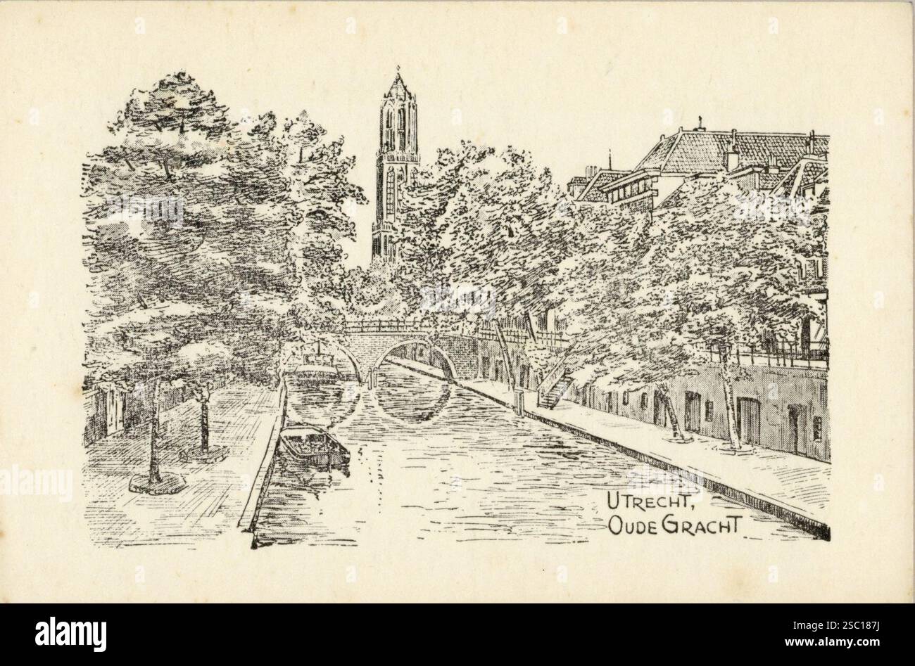 Gezicht op de Oudegracht te Utrecht met op de achtergrond de Weesbrug en de Domtoren Stock Photo ...