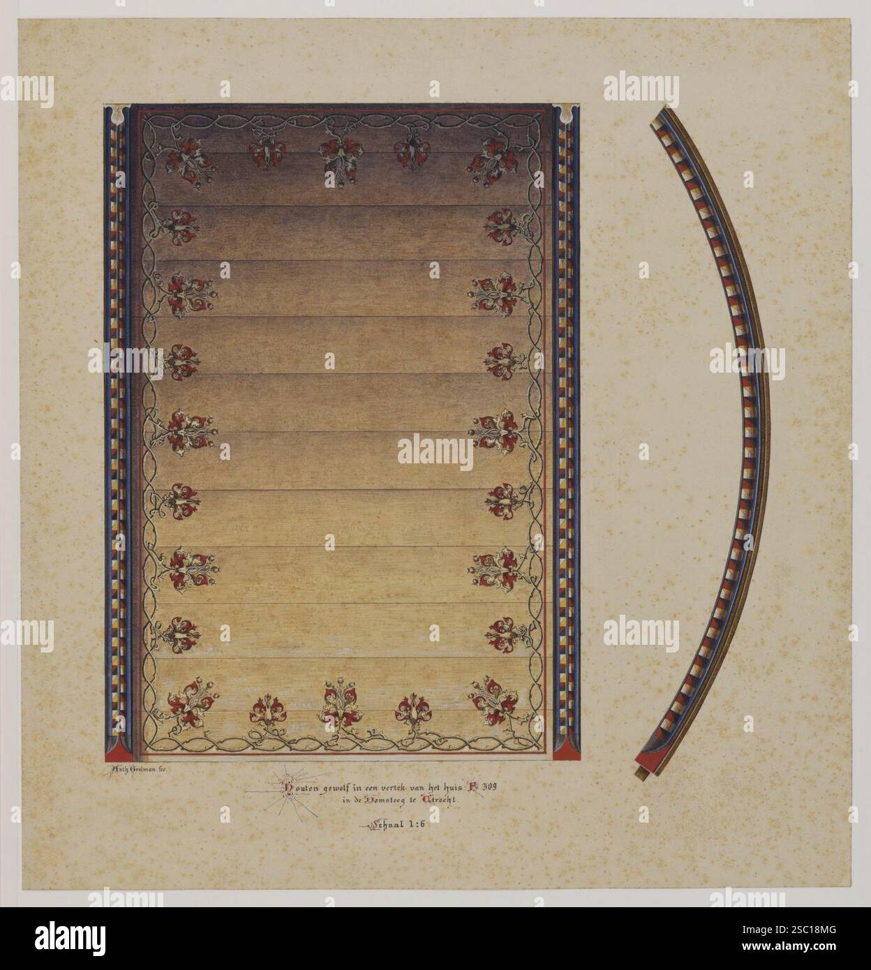Afbeelding van een gedecoreerd houten gewelf met gepolychromeerde ...