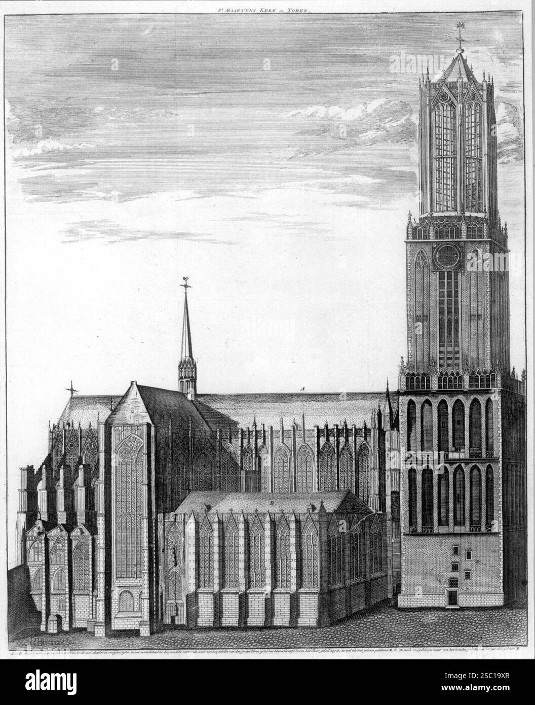 Gezicht op de Domkerk en het Domkerkhof te Utrecht uit het noordwesten ...
