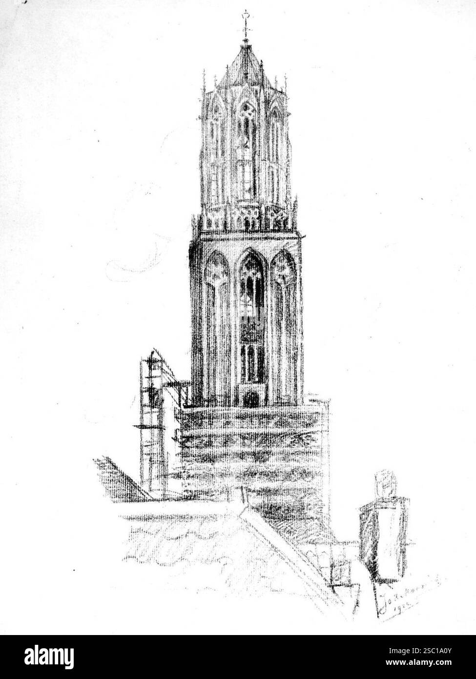 Gezicht op de Domtoren te Utrecht uit het noorden tijdens de ...