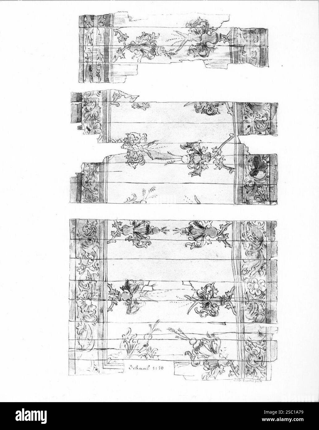 Afbeelding van restanten van drie vakken van het beschilderde houten ...