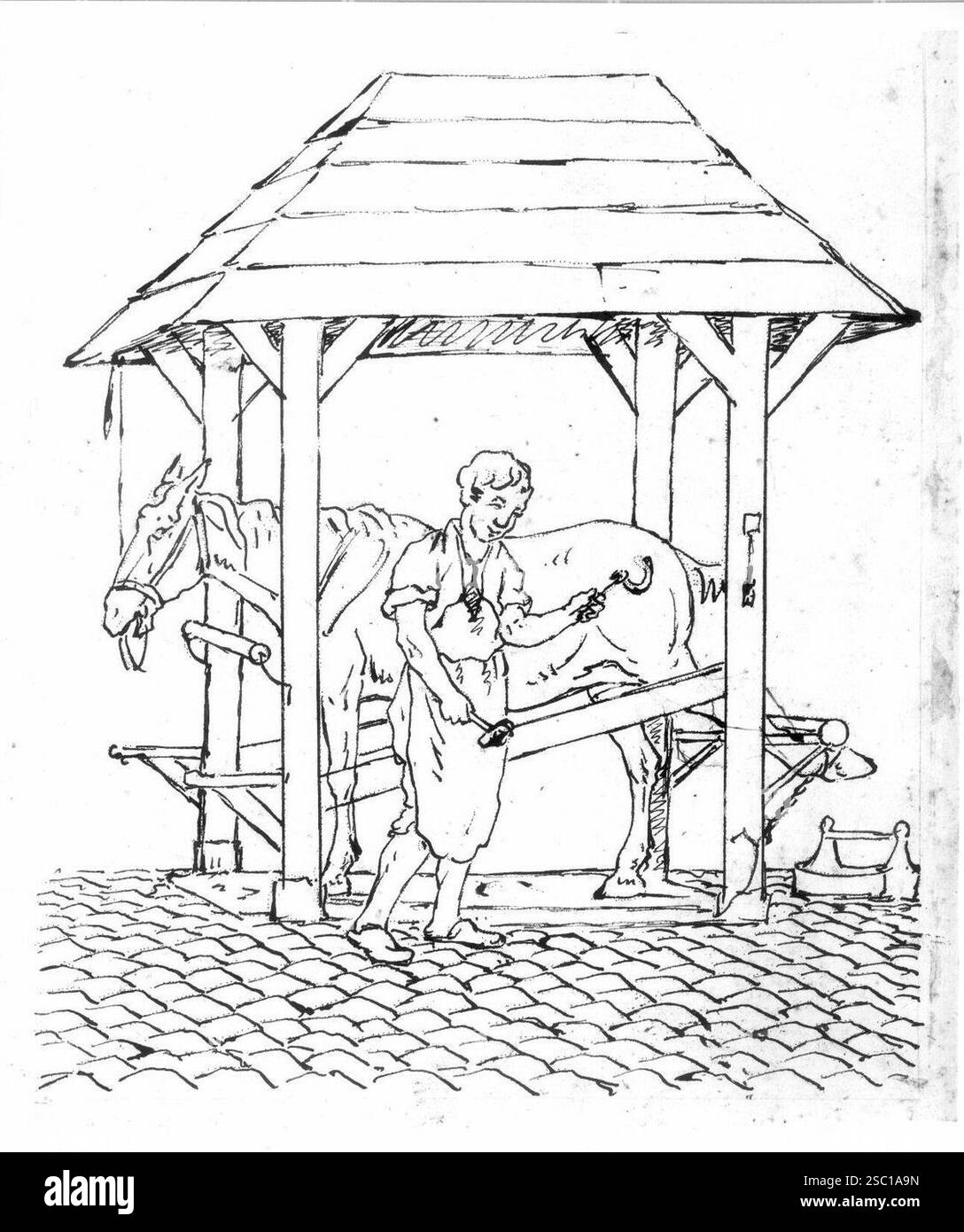 Afbeelding van de hoefstal in de Biltstraat te Utrecht met een paard en ...