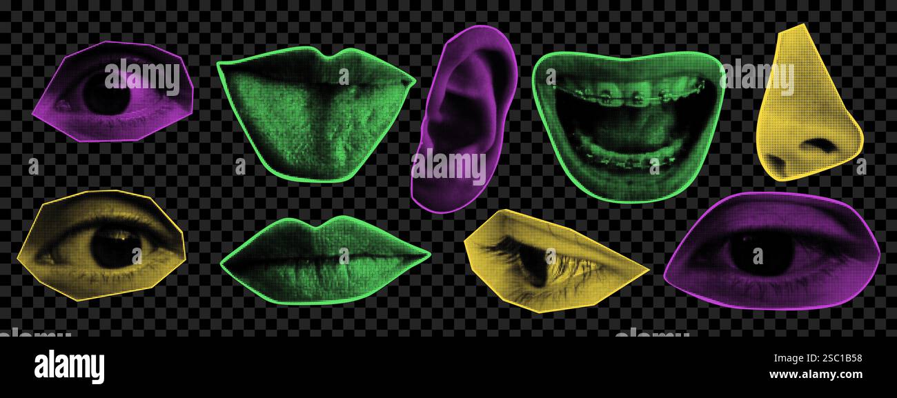 Set of retro style paper cut halftone eyes, lips and ear. Y2K collage ...