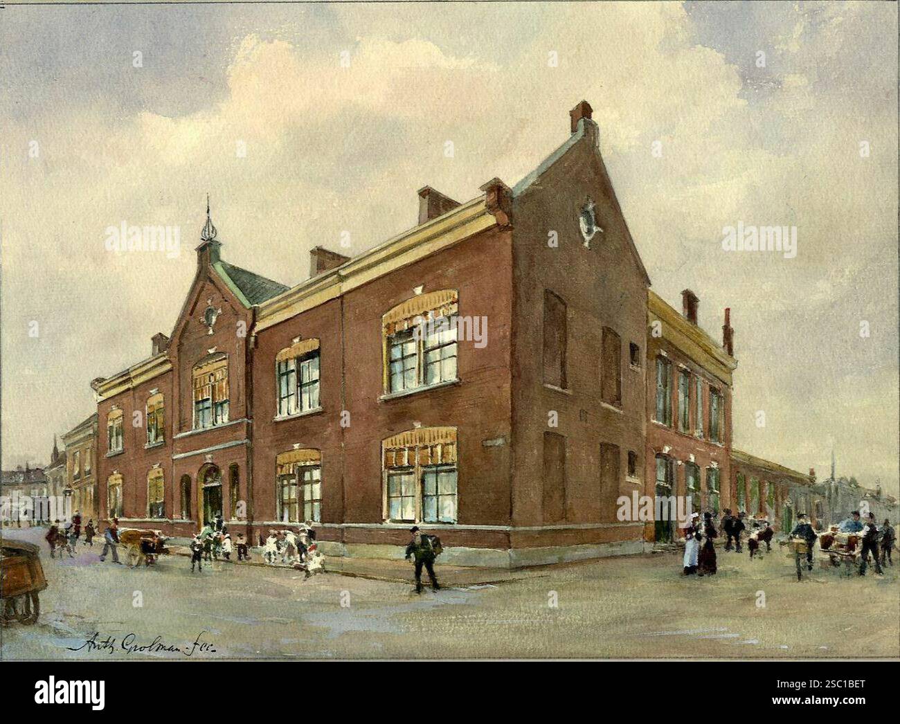 Gezicht op de voor en de zijgevel van de Openbare Lagere School aan de ...