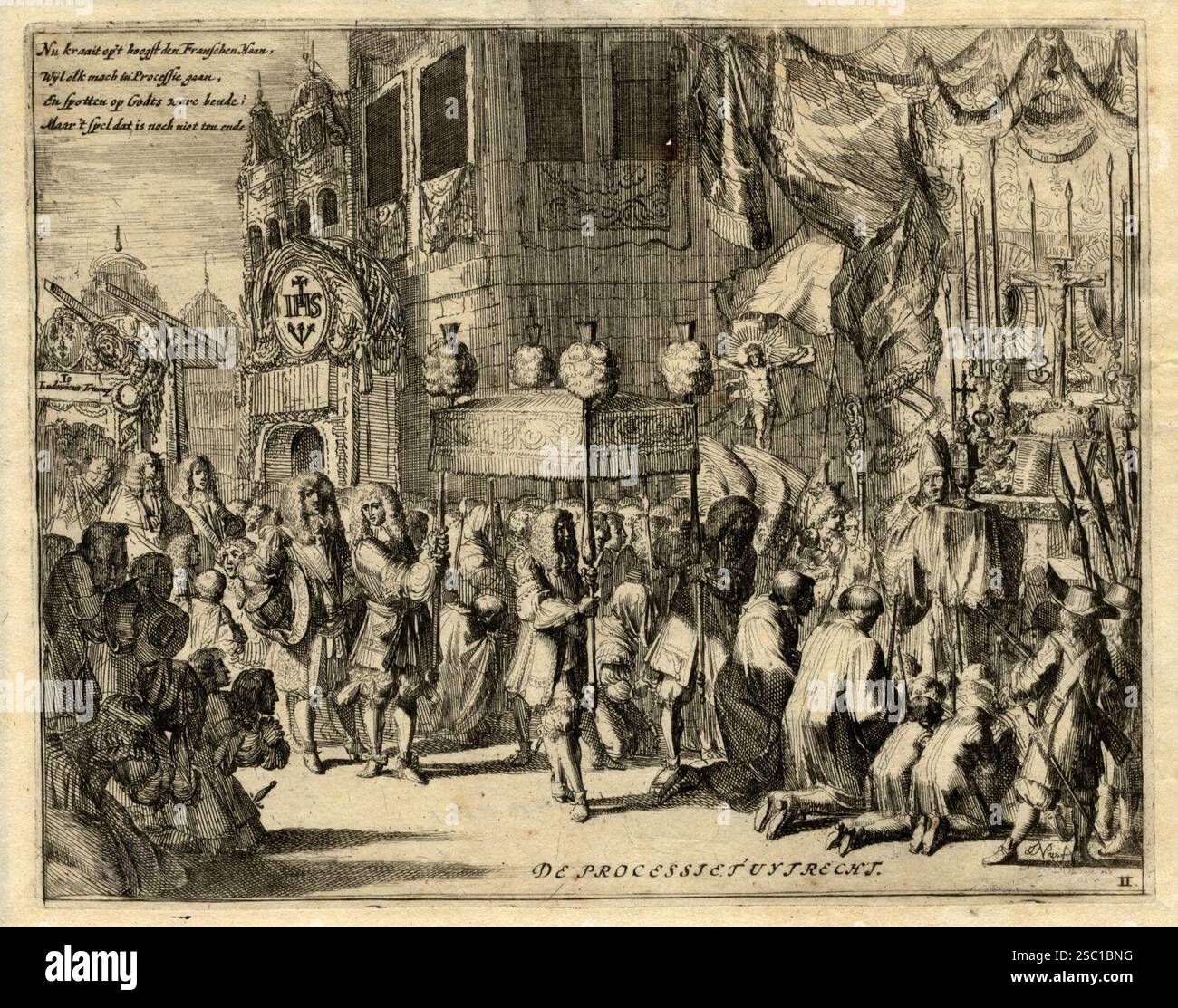 Afbeelding van een processie en mislezing door katholieke Fransen te ...