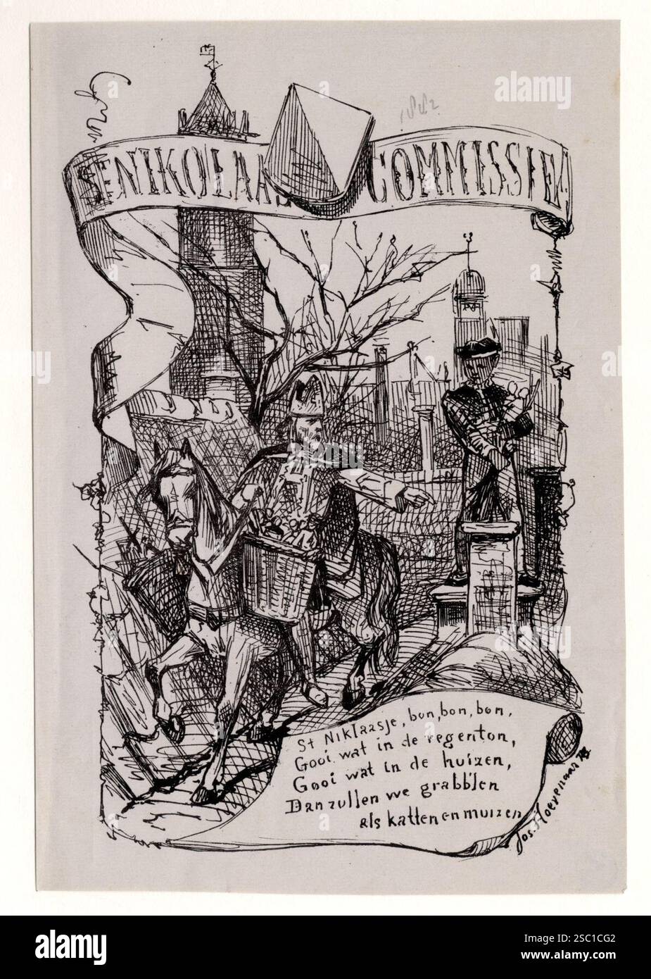 Afbeelding van Sinterklaas te paard en Zwarte Piet op Utrechtse daken ...