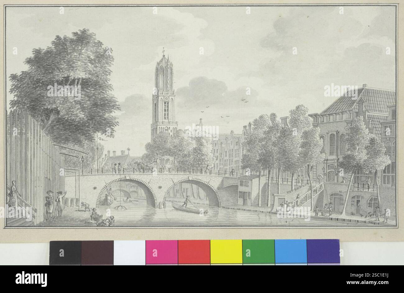 Gezicht op de Oudegracht te Utrecht met de Weesbrug en rechts de voorgevels van de huizen aan de ...