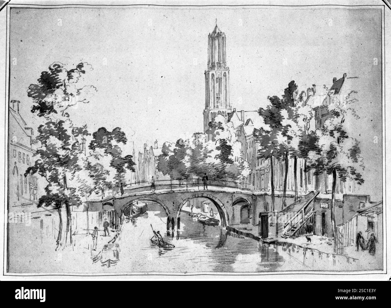 Gezicht op de Oudegracht te Utrecht uit het zuiden met de Weesbrug en op de achtergrond de ...