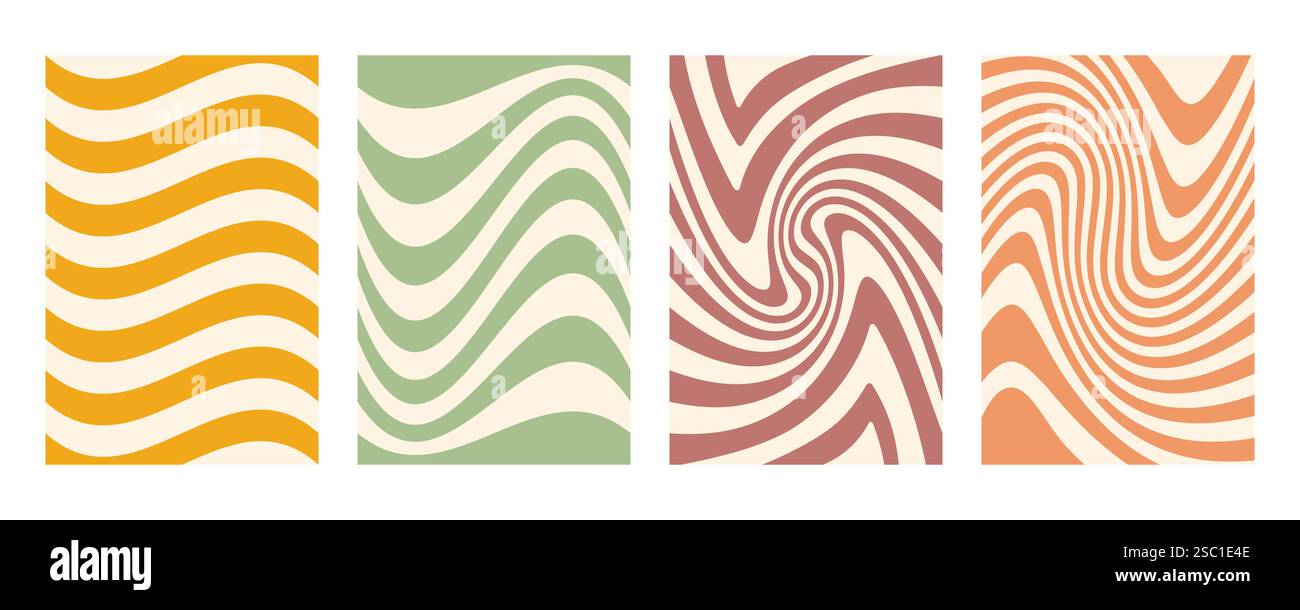 Groovy wave stripe set. Hand drawn groovy, hippie backgrounds. Distorted uneven stripes, warped ...