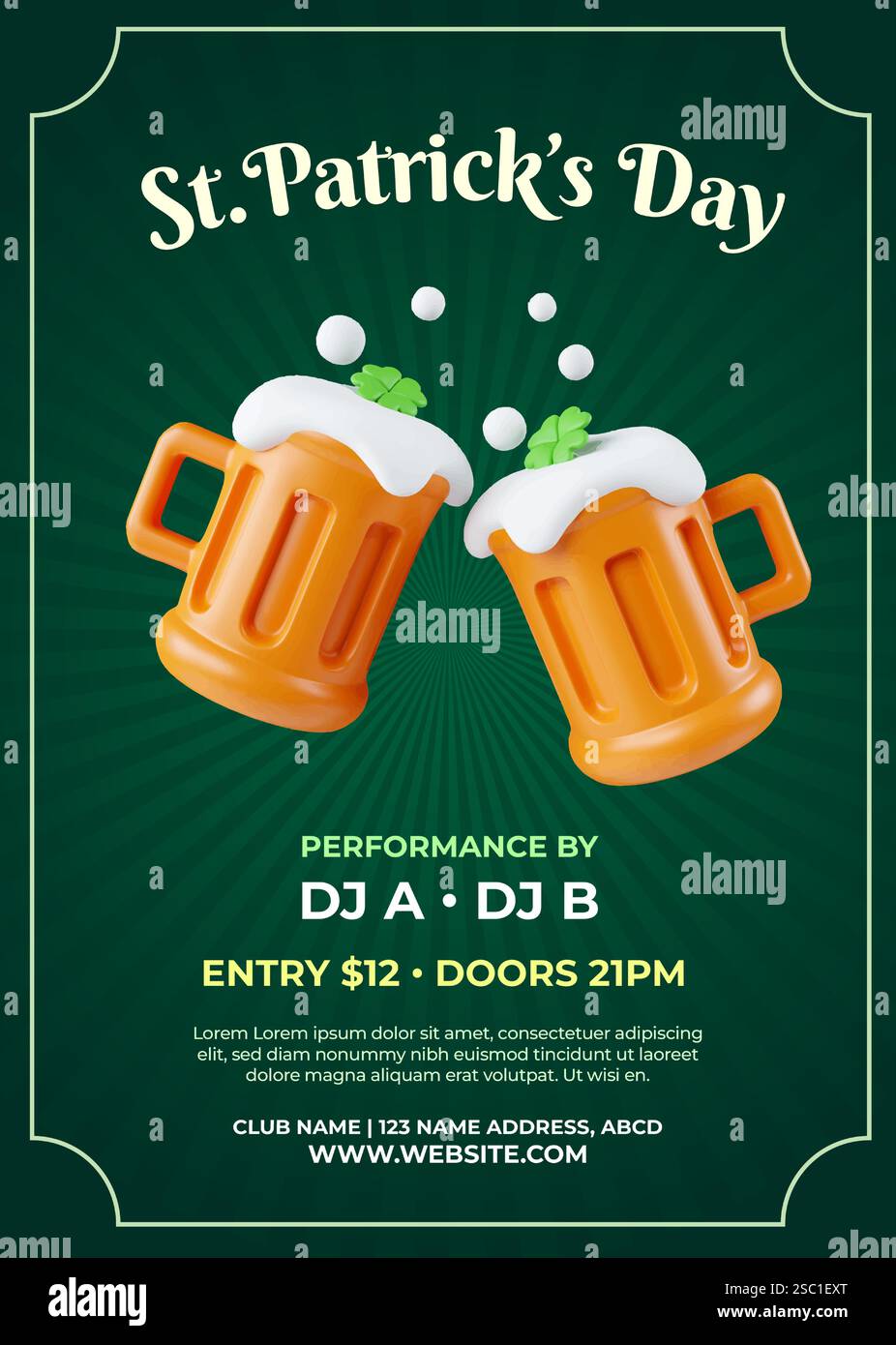 St. Patrick Day event poster celebration with beer mugs and live performances, vector ...
