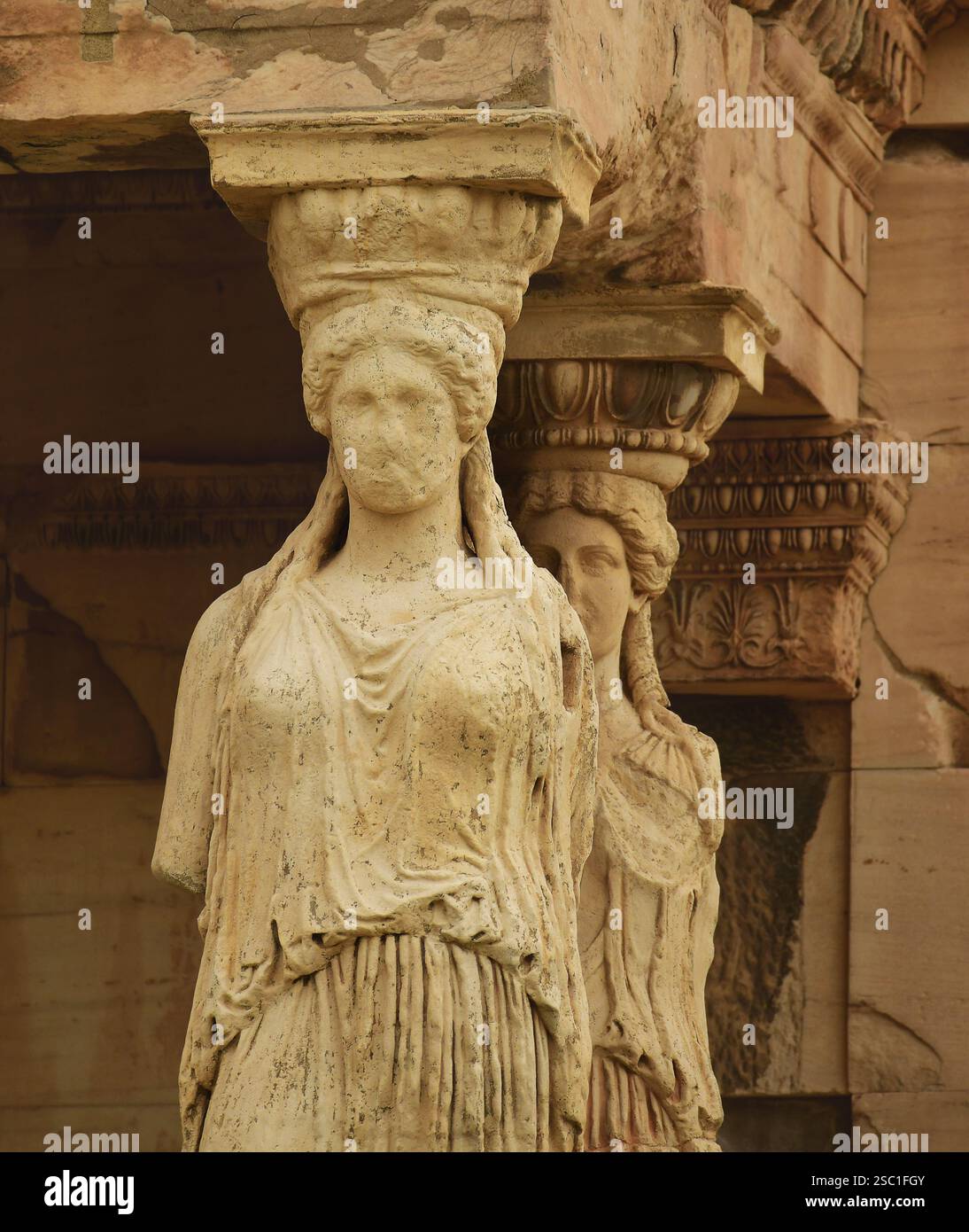 Close up view of the the Porch of the Caryatids of the Erechtheum at ...