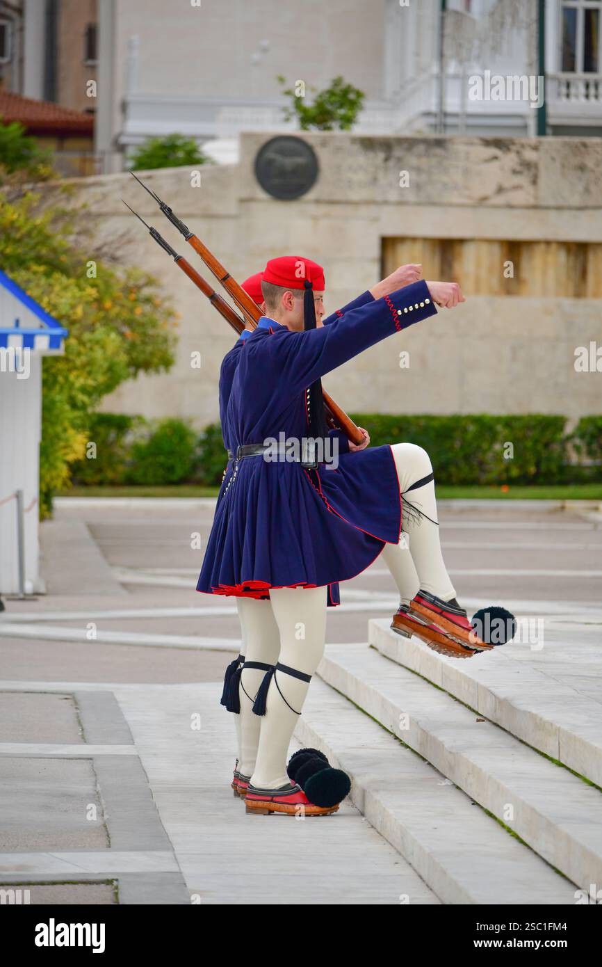 Evzones (palace ceremonial guards) changing guard in front of the Tomb of the Unknown Soldier ...