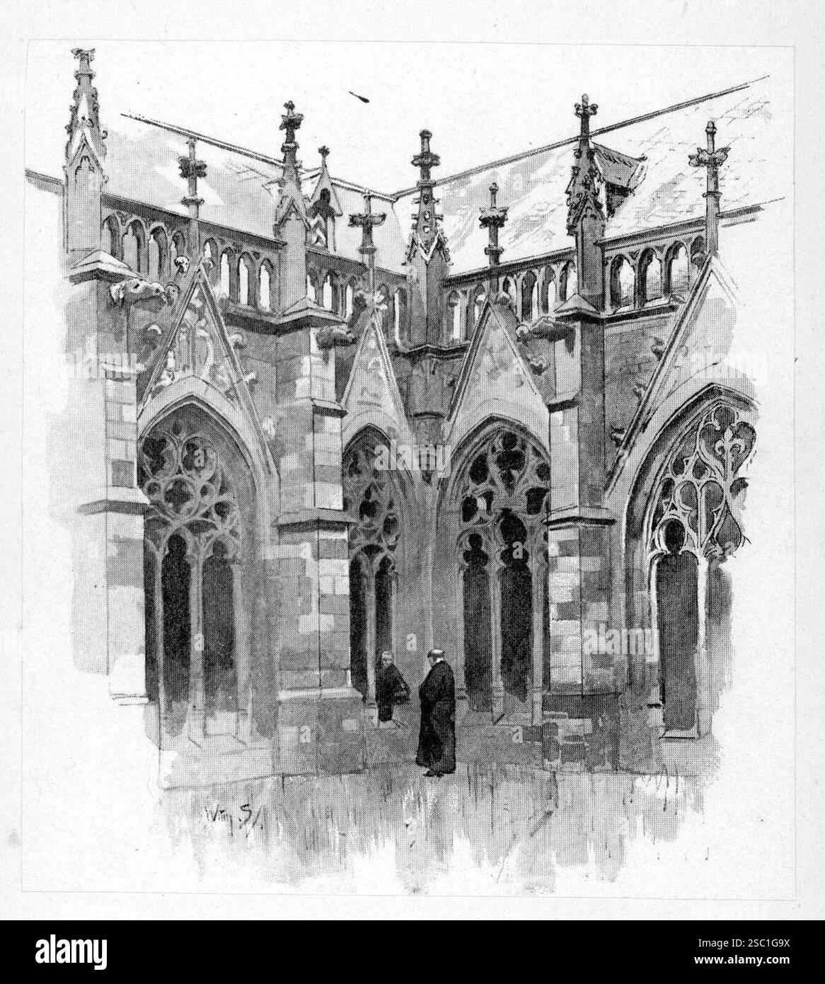 Gezicht op de zuidwesthoek van de kruisgang van de Domkerk te Utrecht ...