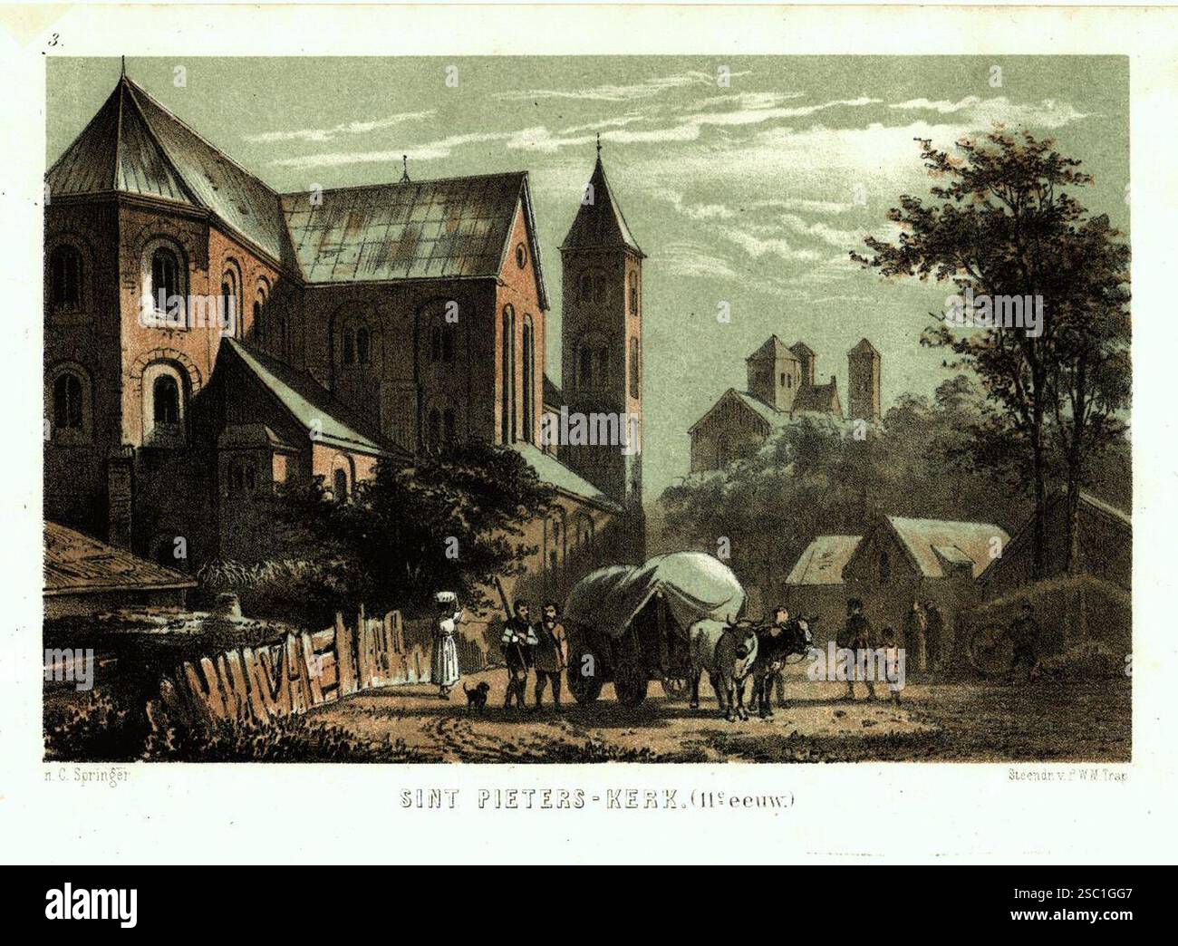 Gezicht op de romaanse Pieterskerk aan het Pieterskerkhof te Utrecht ...