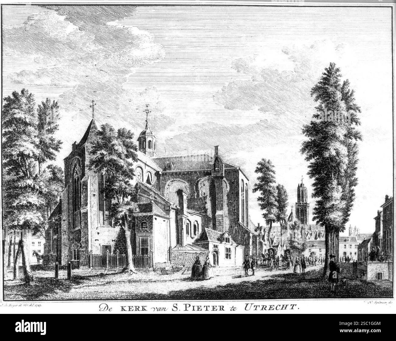 Gezicht op de Pieterskerk aan het Pieterskerkhof te Utrecht met op de ...