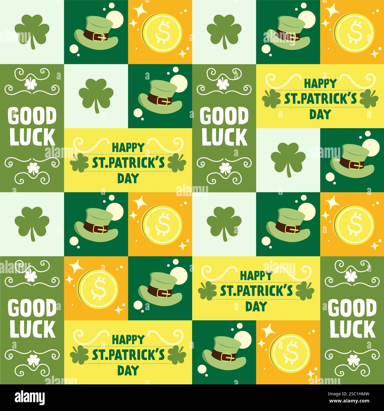 Collage pattern of St. Patrick Day symbols including clovers, hats, and ...