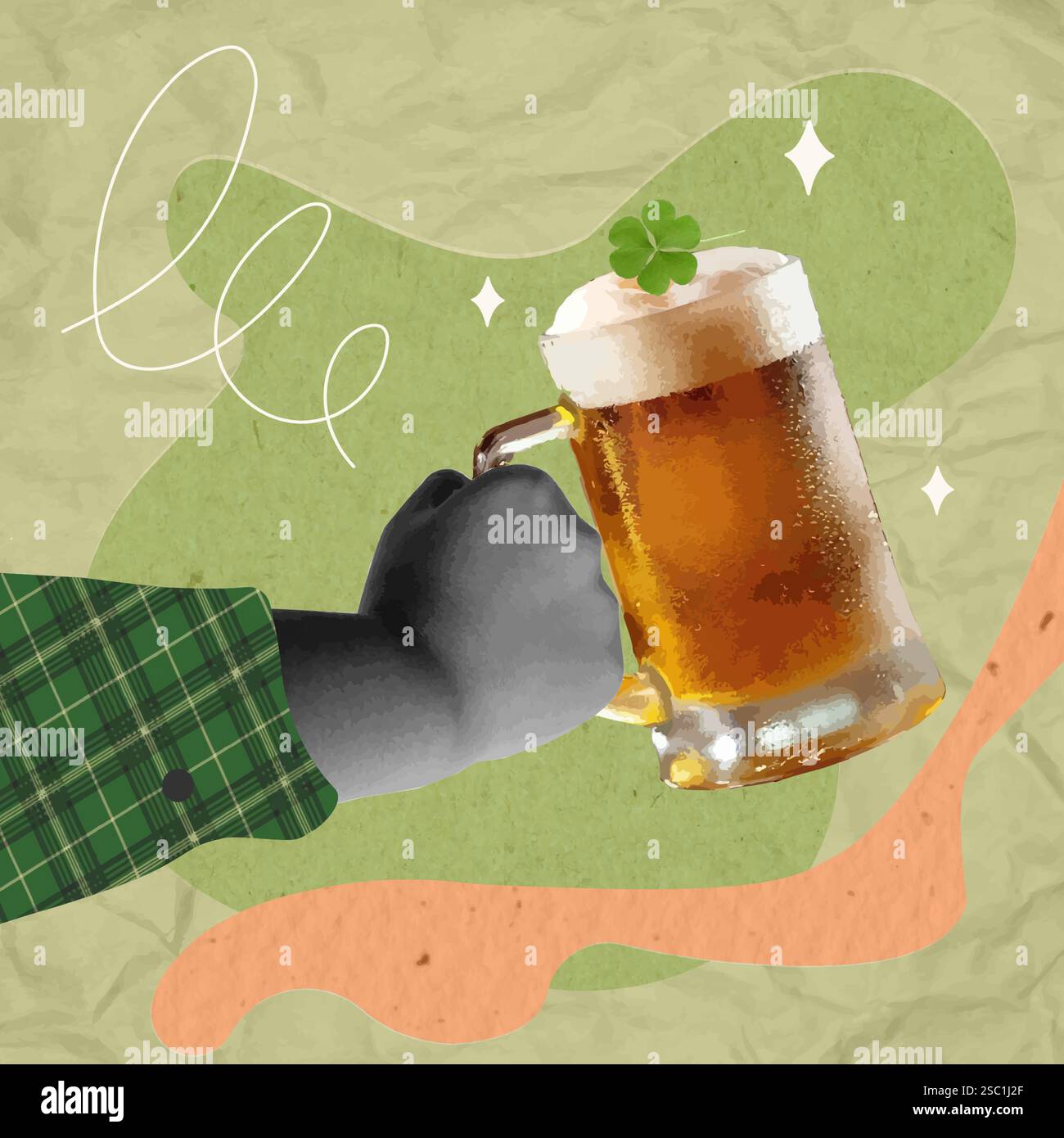 Collage of a hand raising a beer mug with a clover for Saint Patrick ...