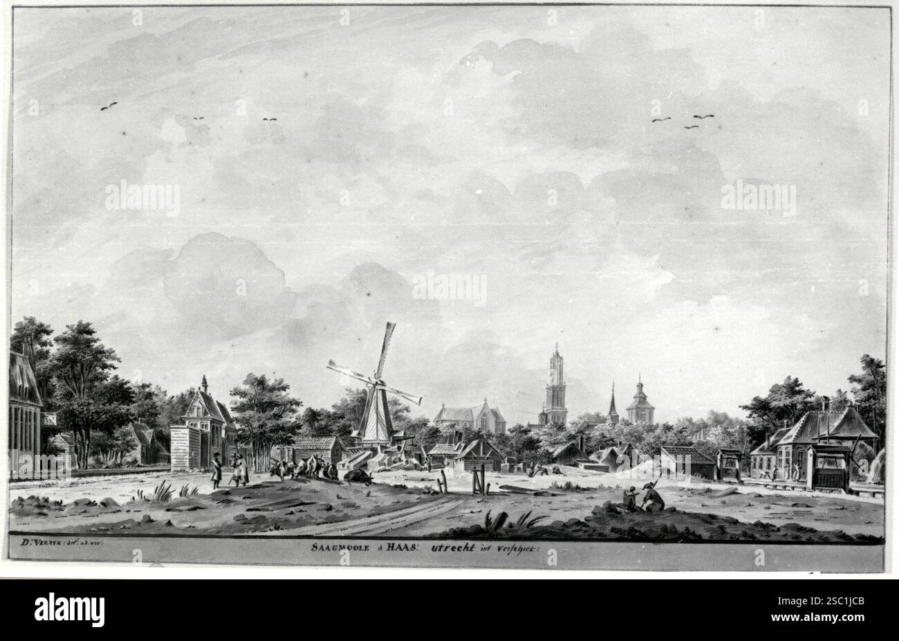 Gezicht op de zaagmolen De Haas en de molenwerf aan het Zwarte Water te ...