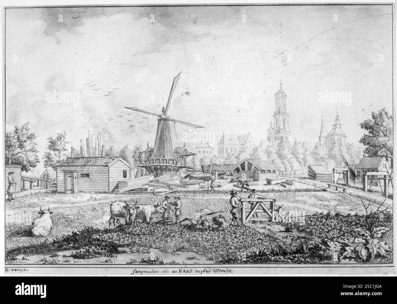 Gezicht op de zaagmolen De Haas en de molenwerf aan het Zwarte Water te ...