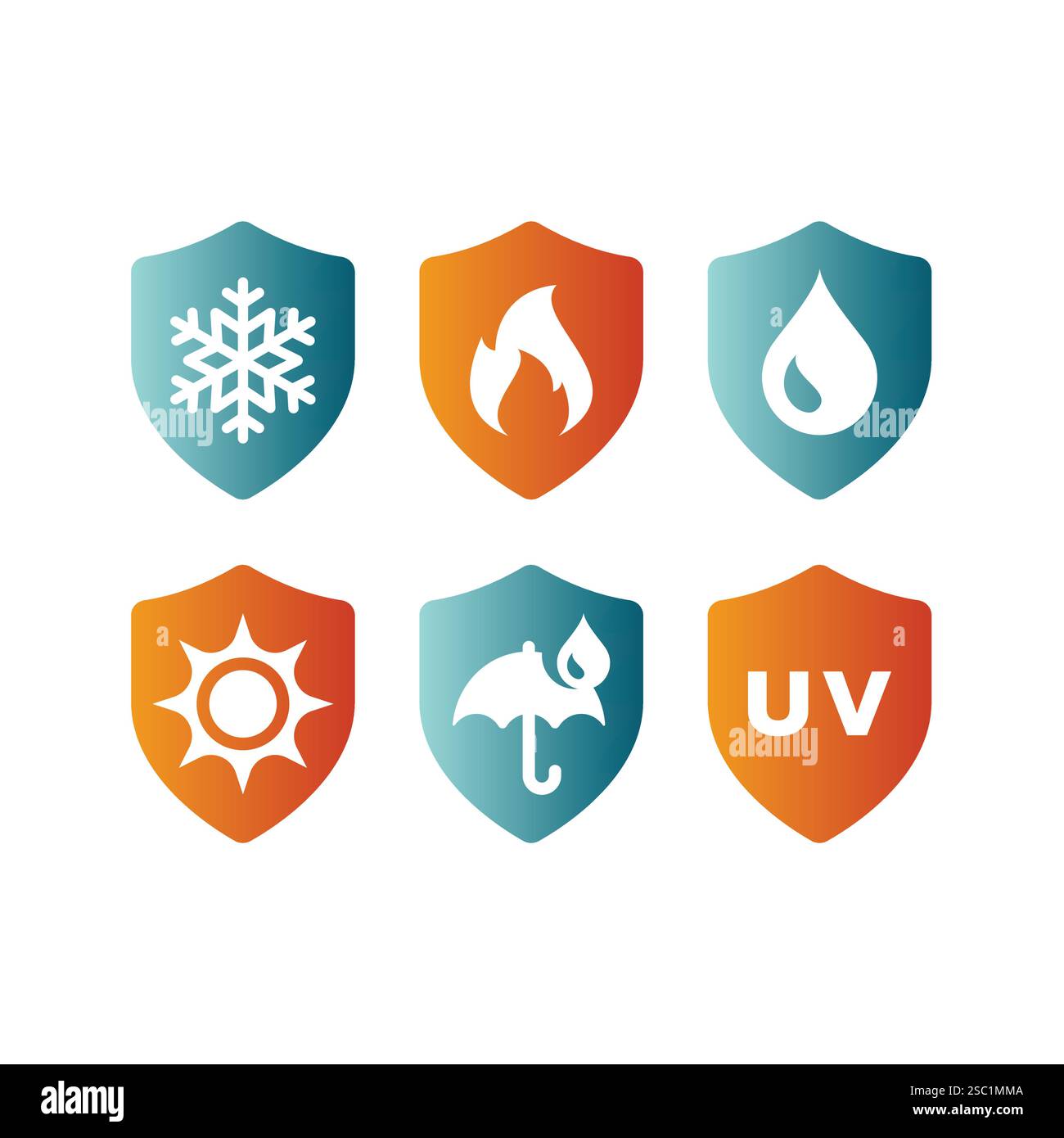 Snowproof, fire proof vector shield label set. UV, cold and heat ...