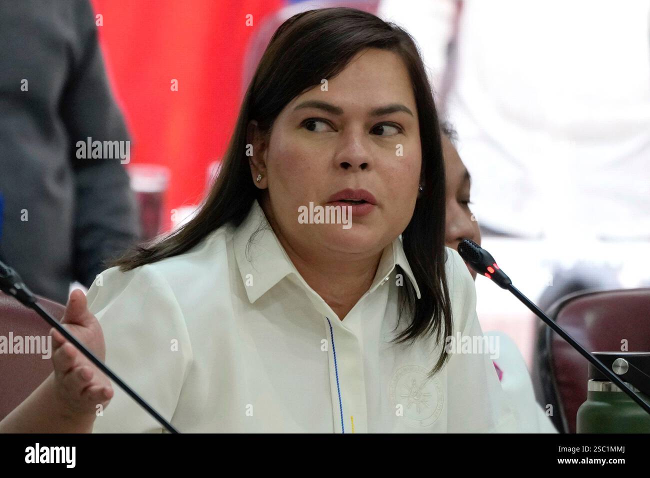 FILE -Philippine Vice President Sara Duterte gestures as she attends a ...