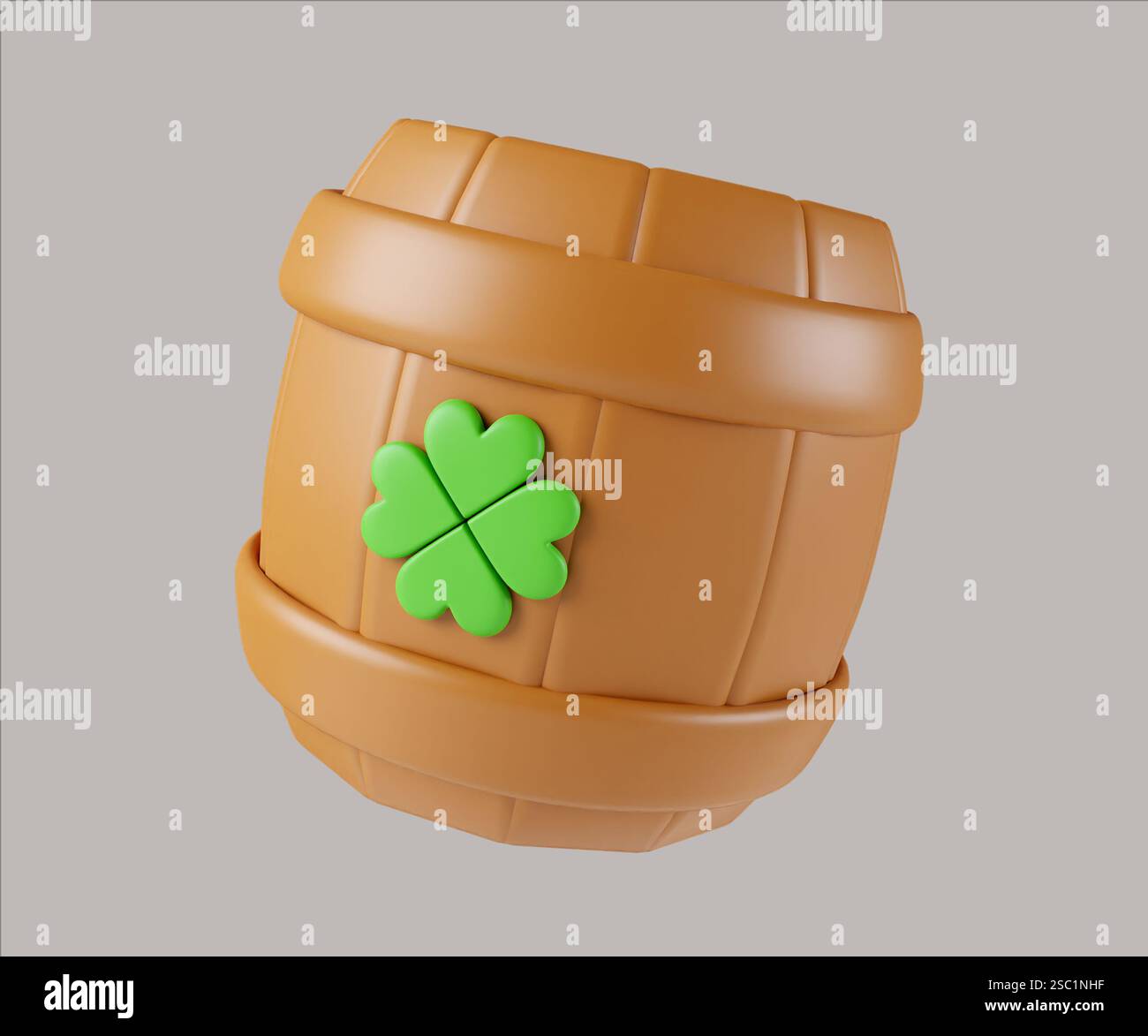 A charming wooden barrel with a green clover emblem, 3D render ...