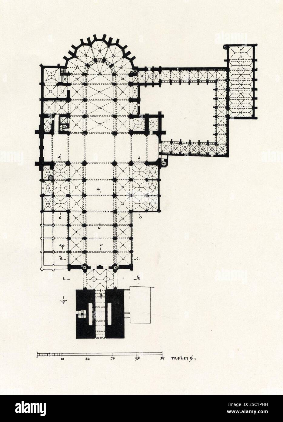 Plattegrond van de gotische Domkerk te Utrecht met de kruisgang en het ...