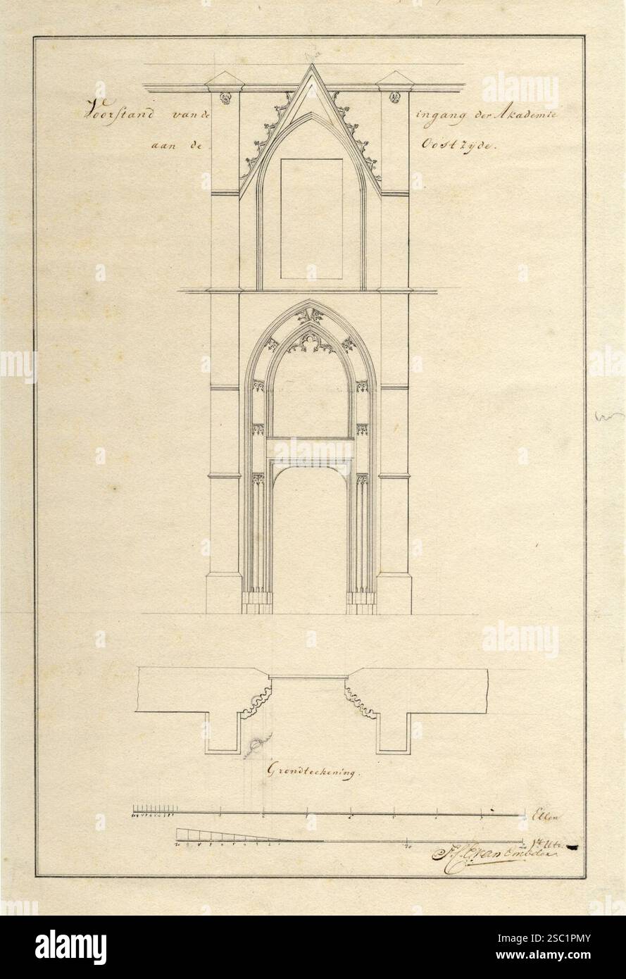 Plattegrond en opstand van de neogotische toegangspoort tot de ...