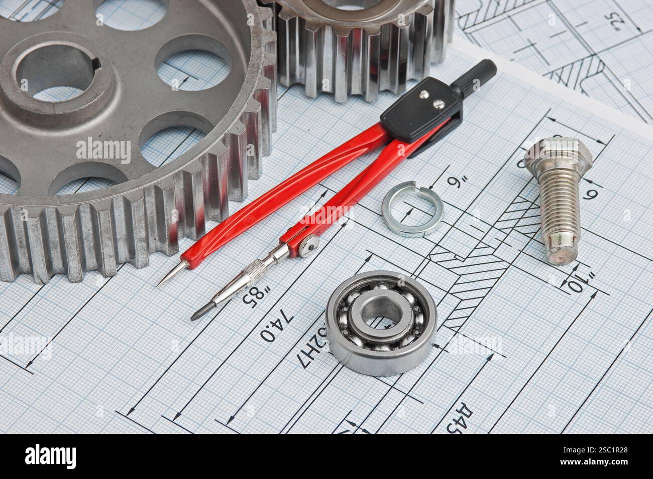 tools and mechanisms detail on the background of technical drawings ...