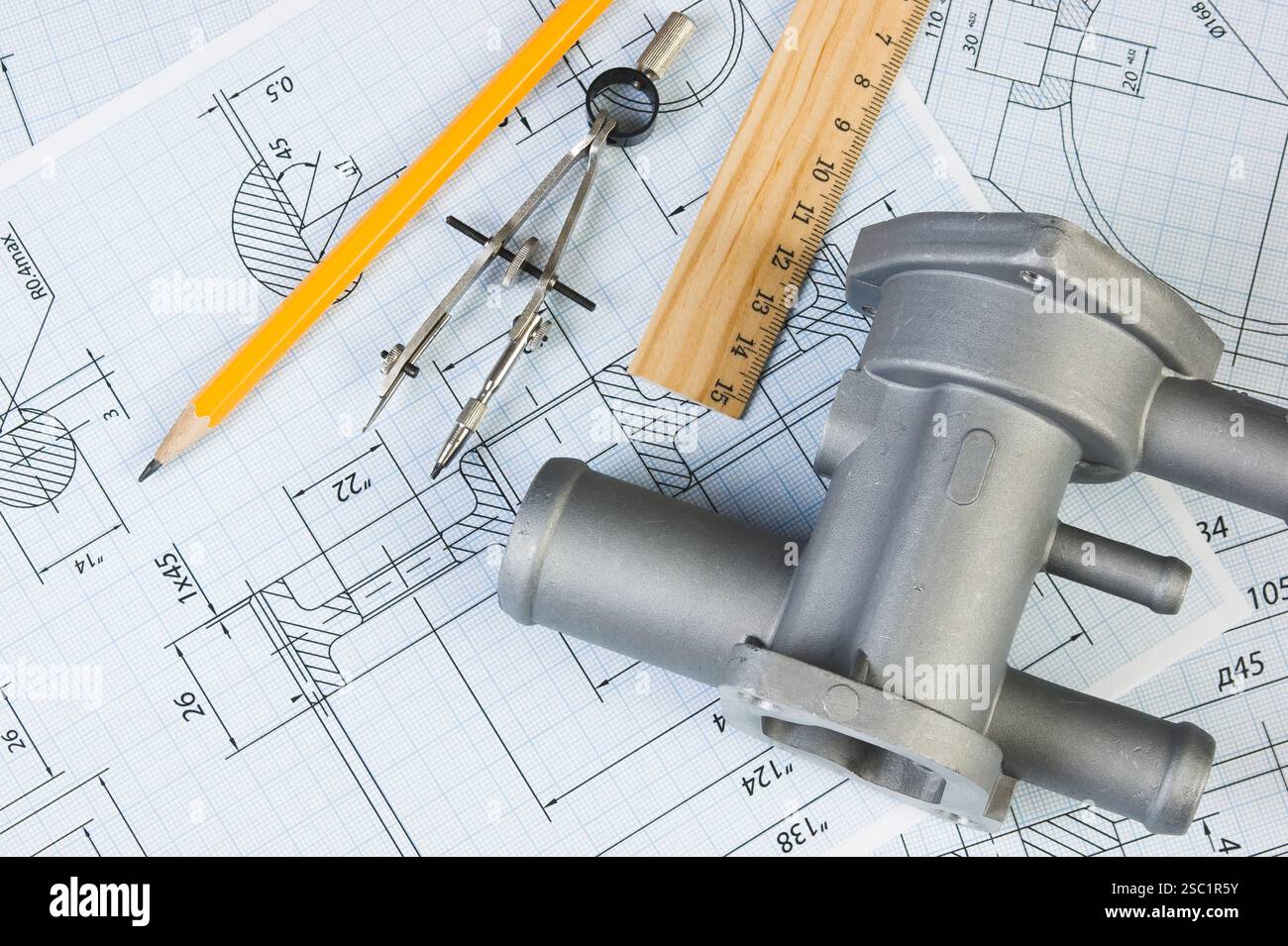drawings of mechanisms with parts and tools Stock Photo - Alamy