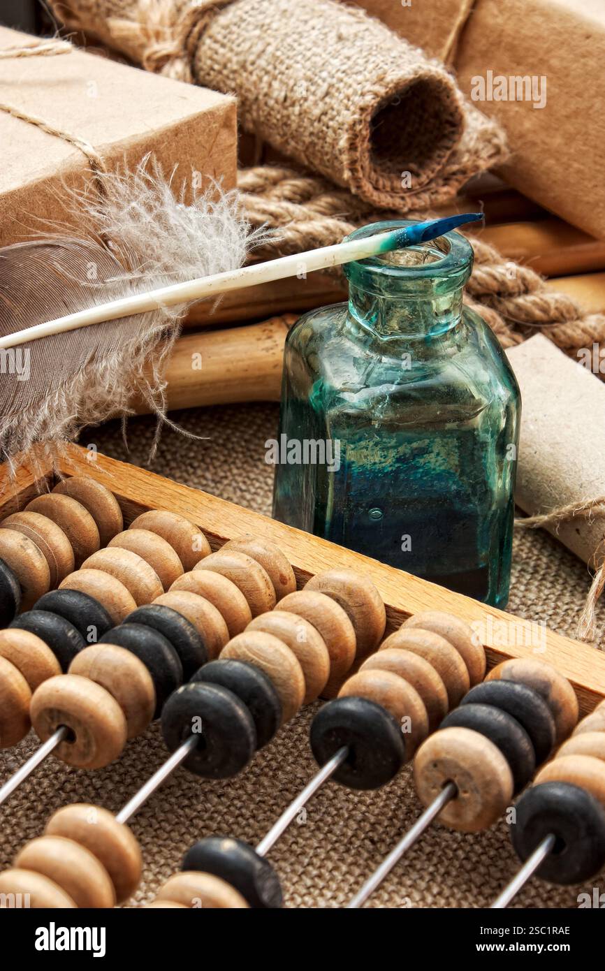 Still Life in a warehouse with abacus in old-style Stock Photo - Alamy