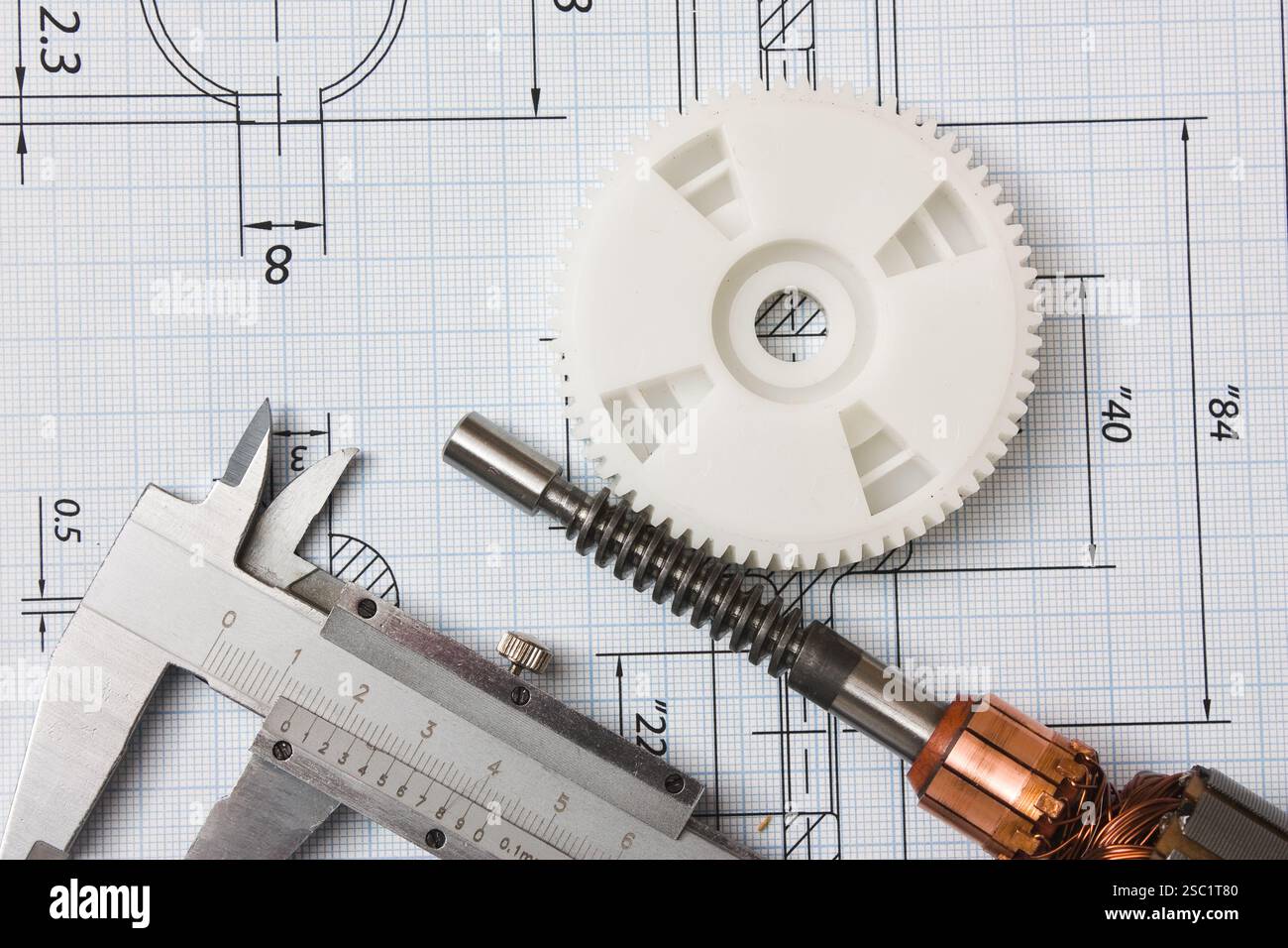 drawings of mechanisms with parts and tools Stock Photo - Alamy