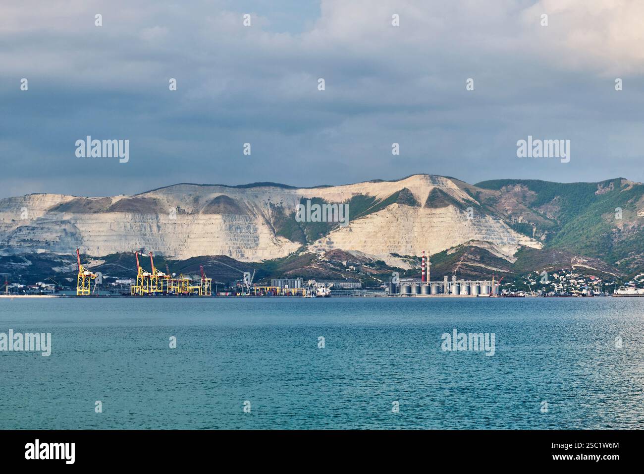 Coastal view of Novorossiysk, Russia. Seaport with cranes and ...